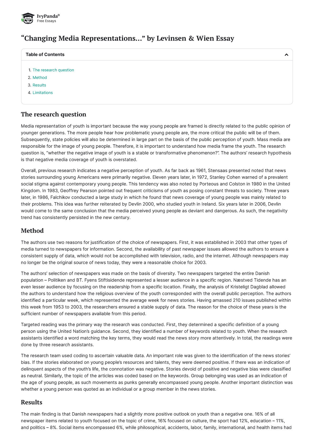 Changing Media Representations... by Levinsen - 908 Words Essay Example ...