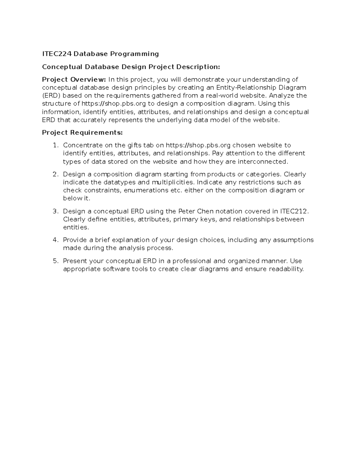 ITEC224 Project 1 Conceptual Database Design Project Description - ITEC224 Database Programming ...