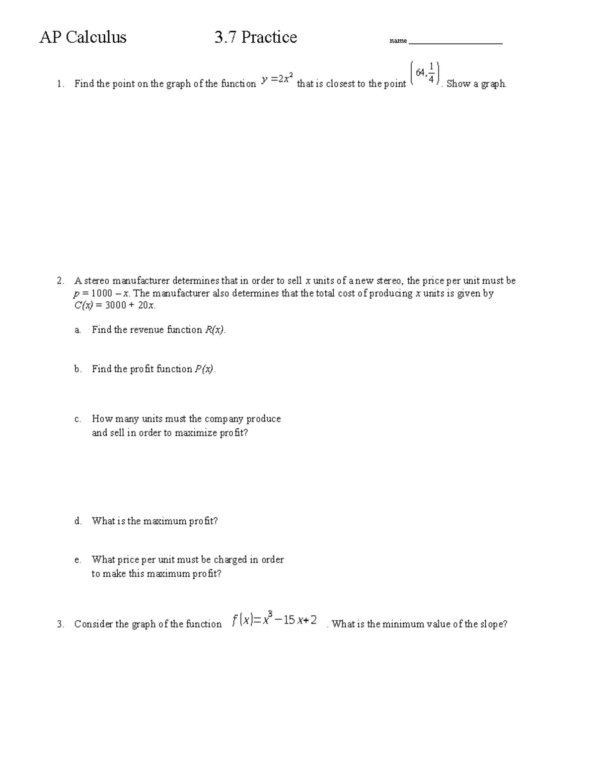 3.7 WS Harder - AP Calculus 3 Practice name ________________________ 1 ...