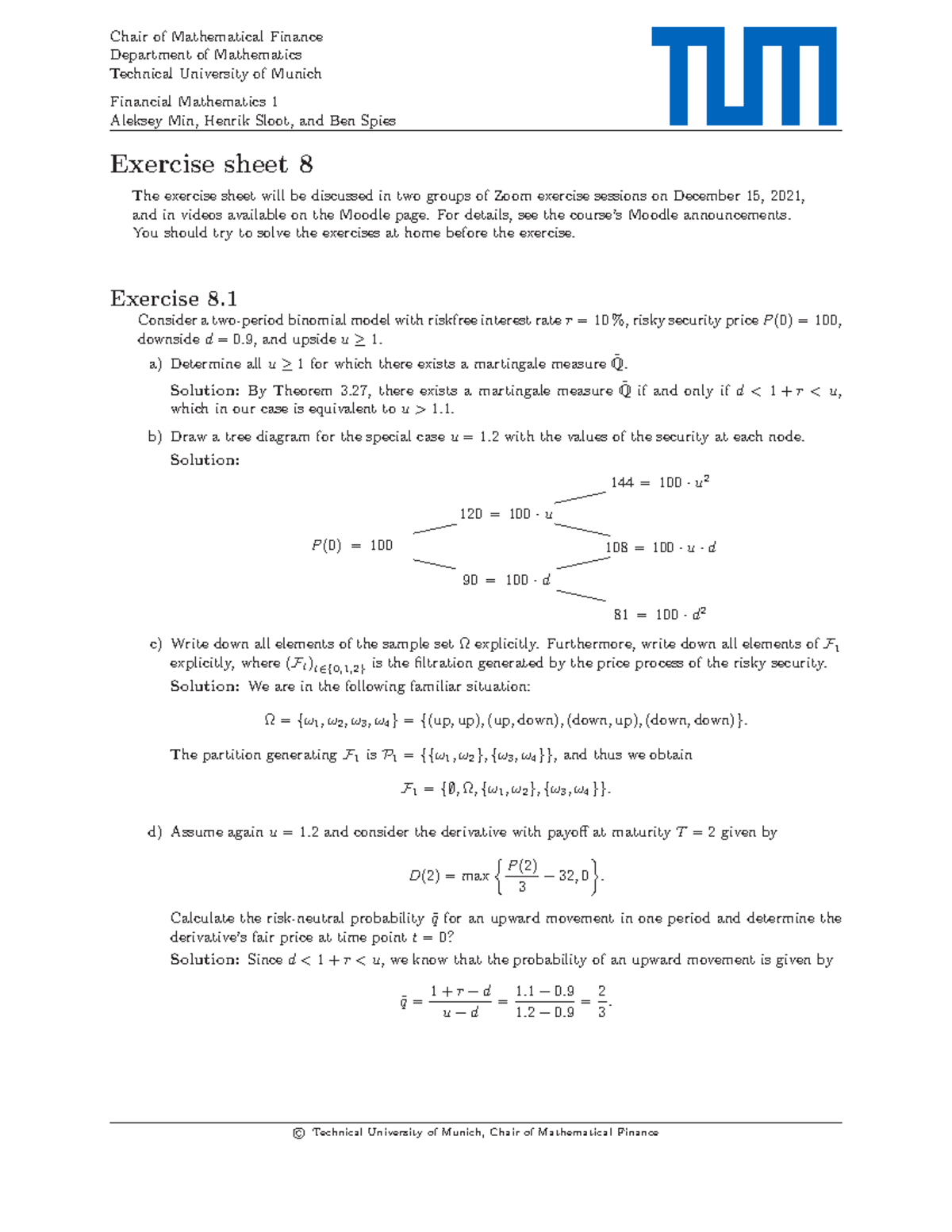 Fi Ma1 Exercise Sheet 08 Solution - Chair of Mathematical Finance ...