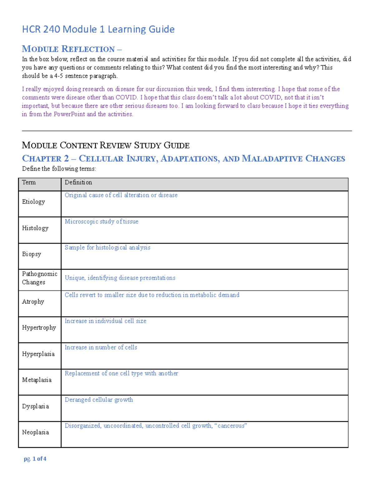 HCR 240 Module 1 Learning Guide - MODULE REFLECTION – In the box below ...