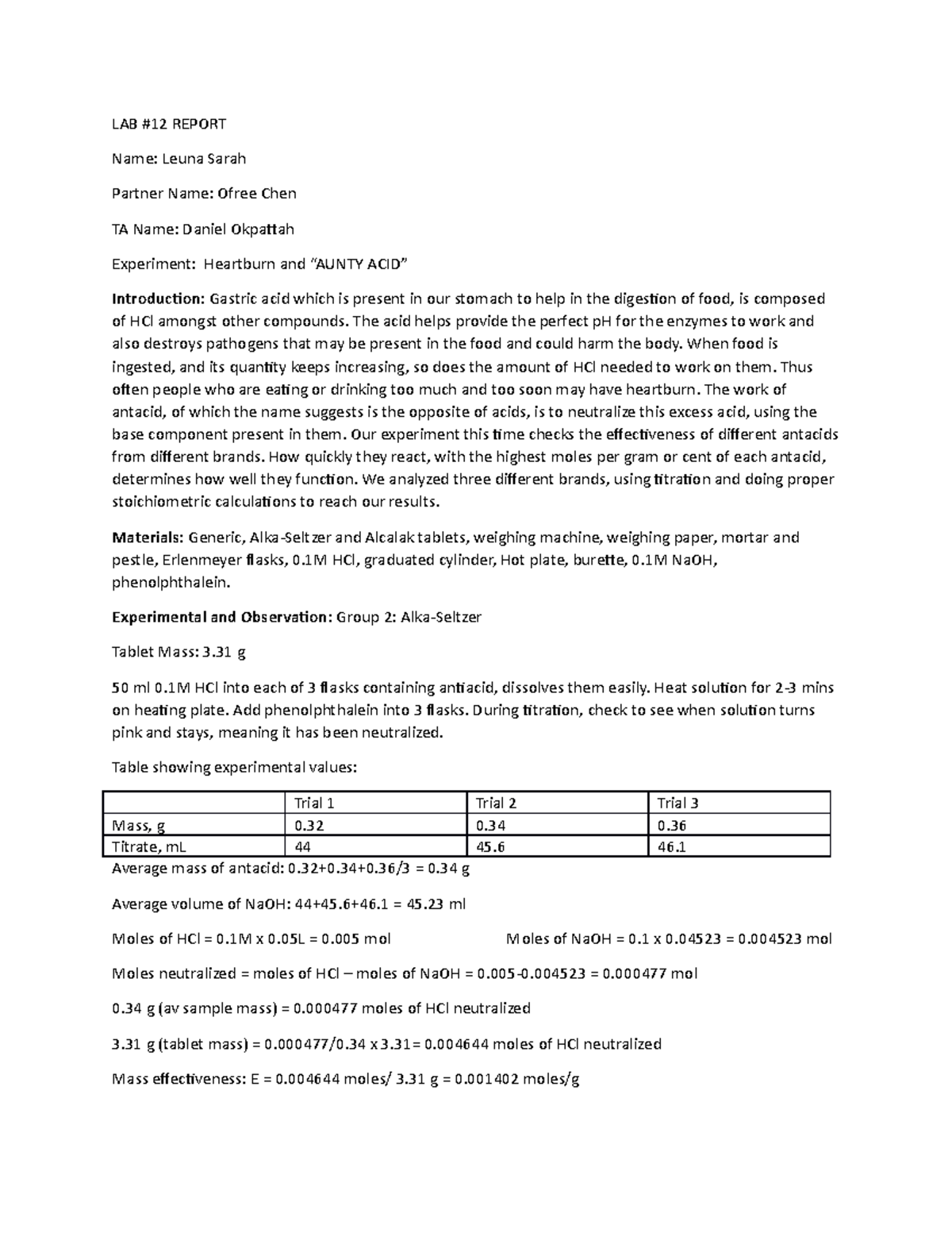 Chem 106 Lab 12 report - LAB #12 REPORT Name: Leuna Sarah Partner Name: Ofree Chen TA Name ...