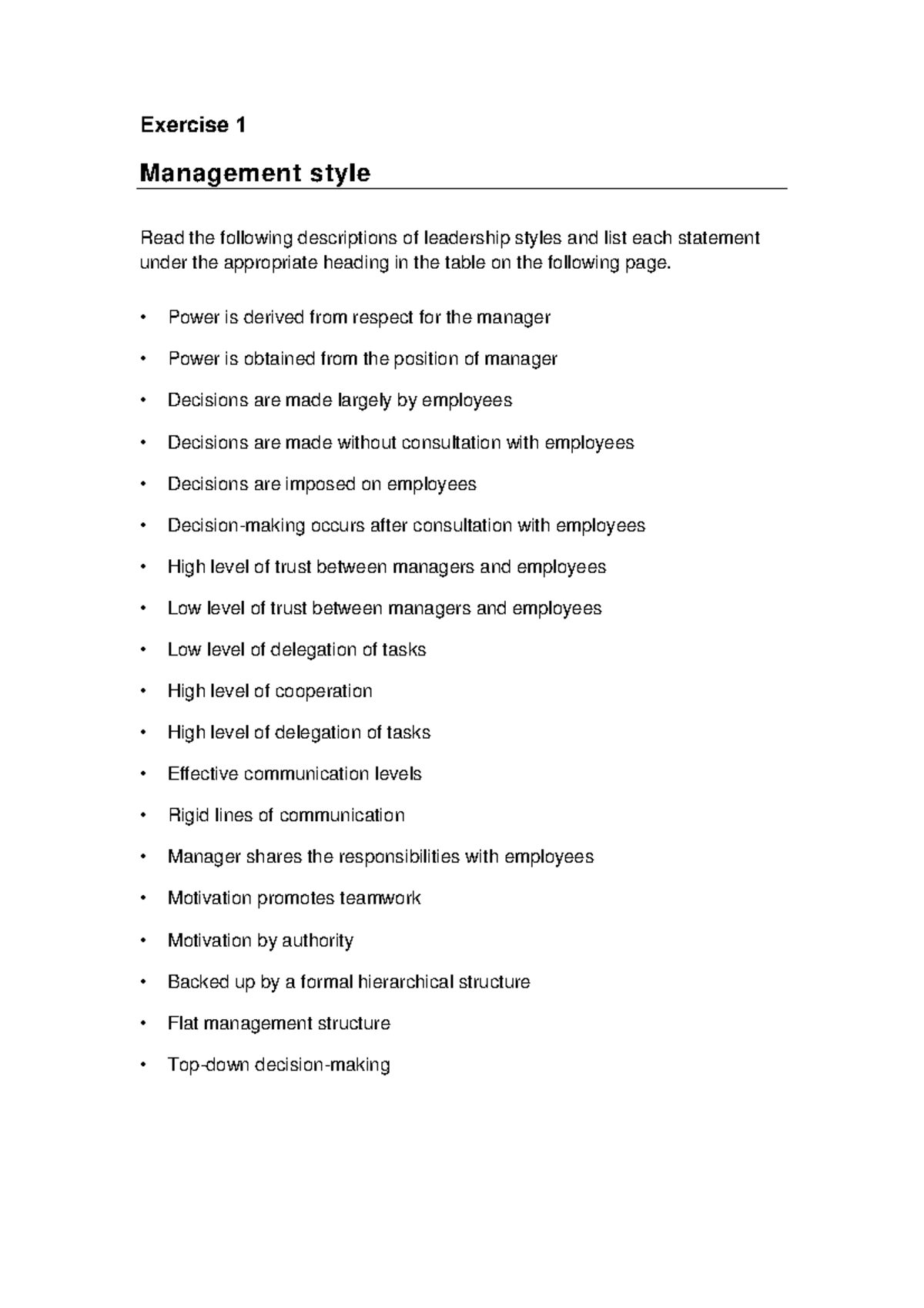 Revision of management approaches - Exercise 1 Management style Read ...