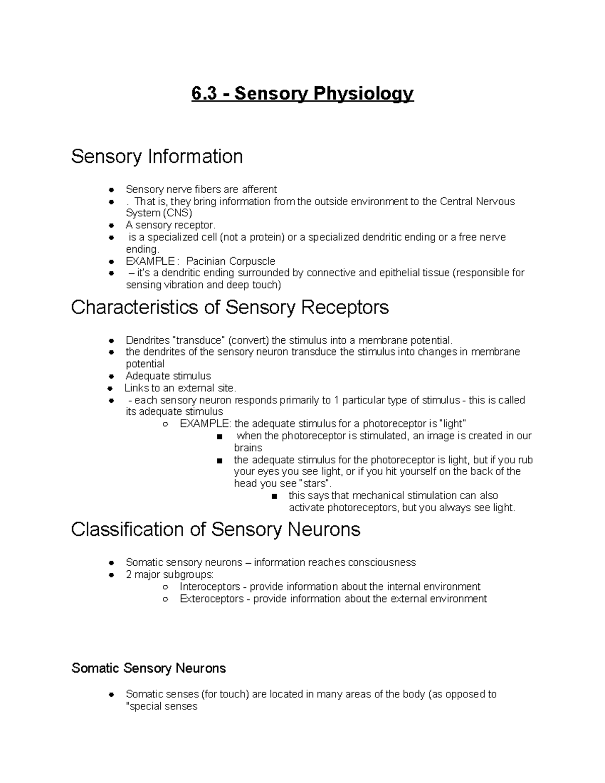 6.3 Sensory Physiology Study Notes - 6 - Sensory Physiology Sensory ...