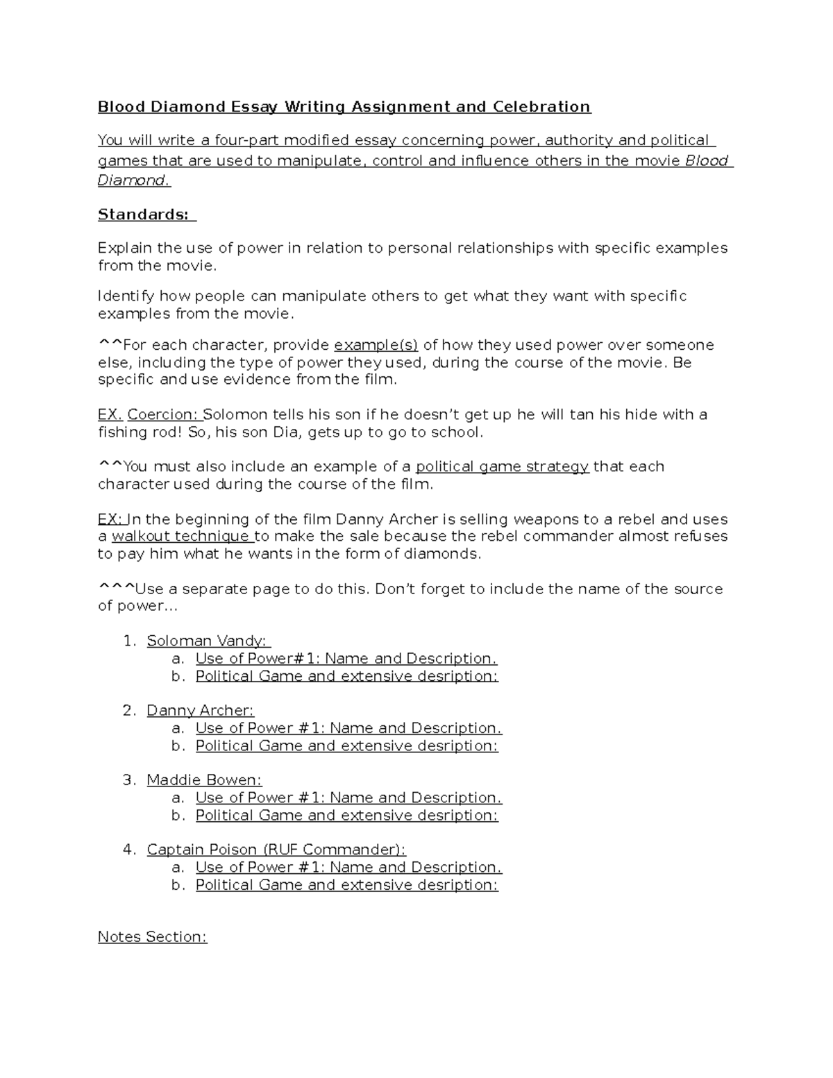 Blood Diamond Essay - Standards: Explain the use of power in relation ...