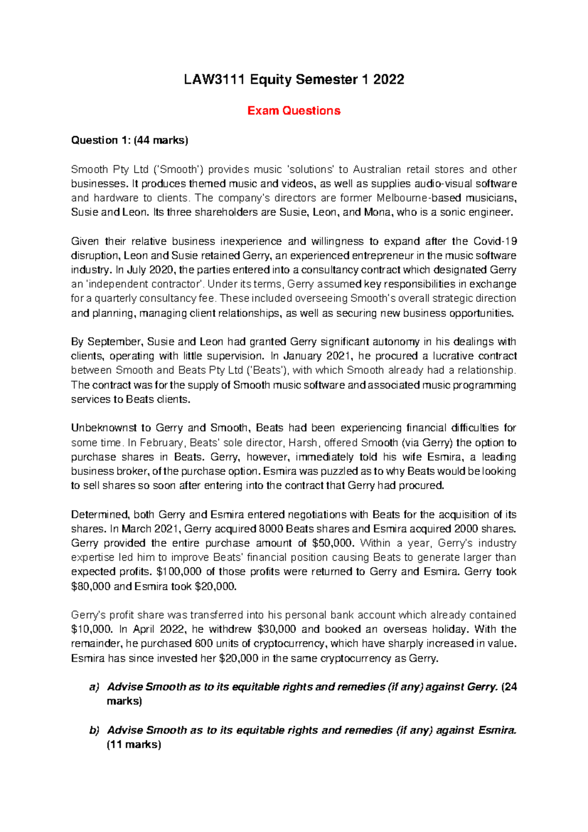2022 S1 Equity exam - '22 exam - LAW3111 Equity Semester 1 2022 Exam ...