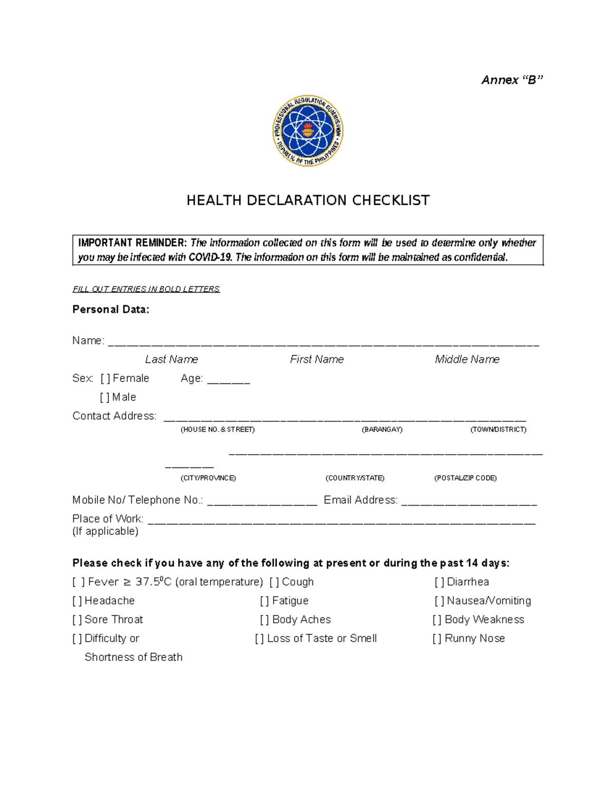 Annex B Health Declaration Form - Annex “B” HEALTH DECLARATION ...
