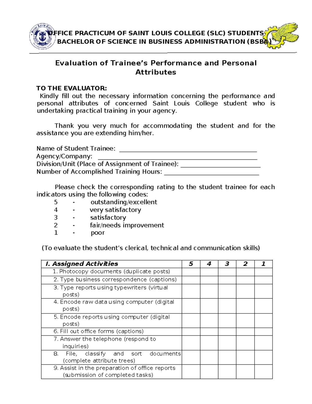 Evaluation-FORM - None - OFFICE PRACTICUM OF SAINT LOUIS COLLEGE (SLC) STUDENTS BACHELOR OF ...