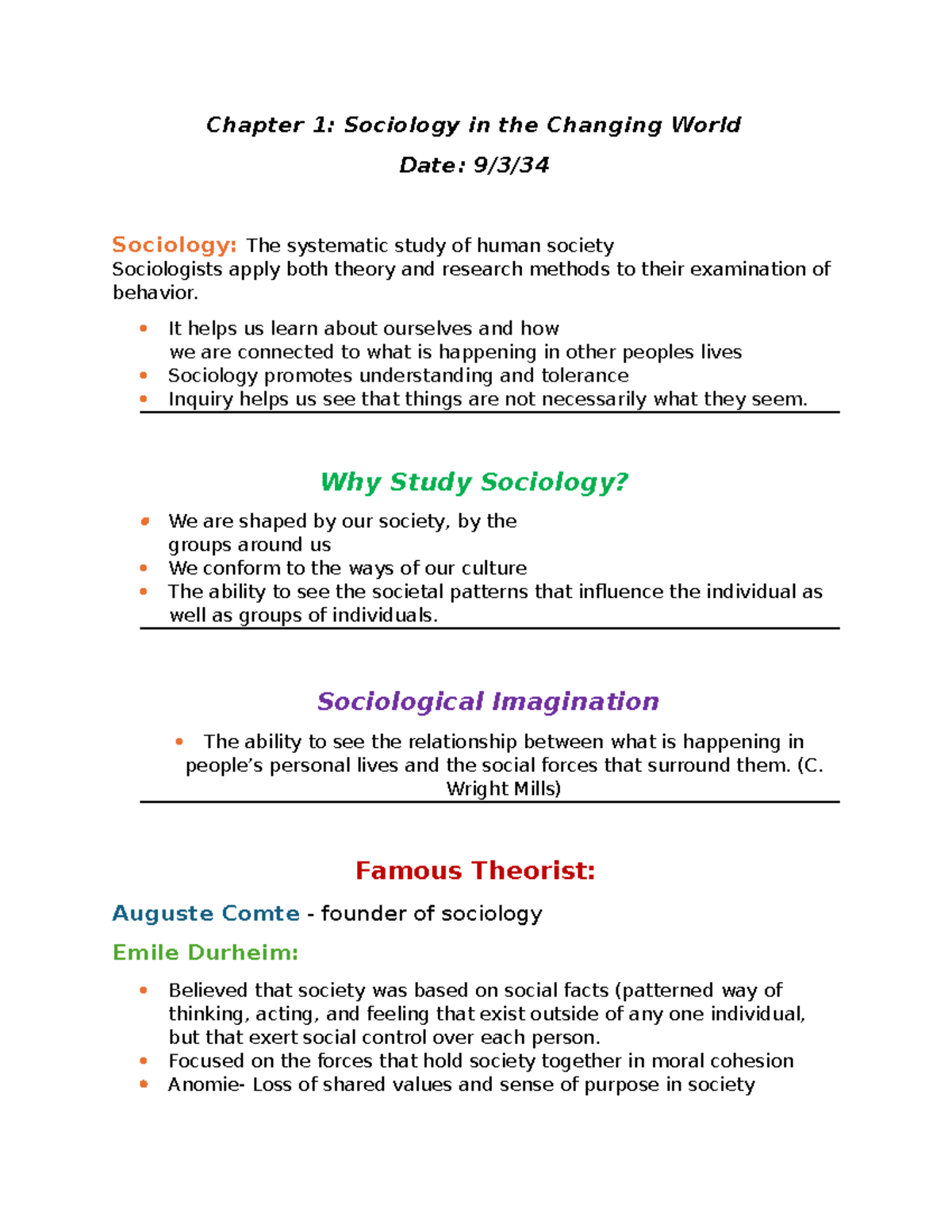Some Soci lecture notes starting at 1 - Chapter 1: Sociology in the ...