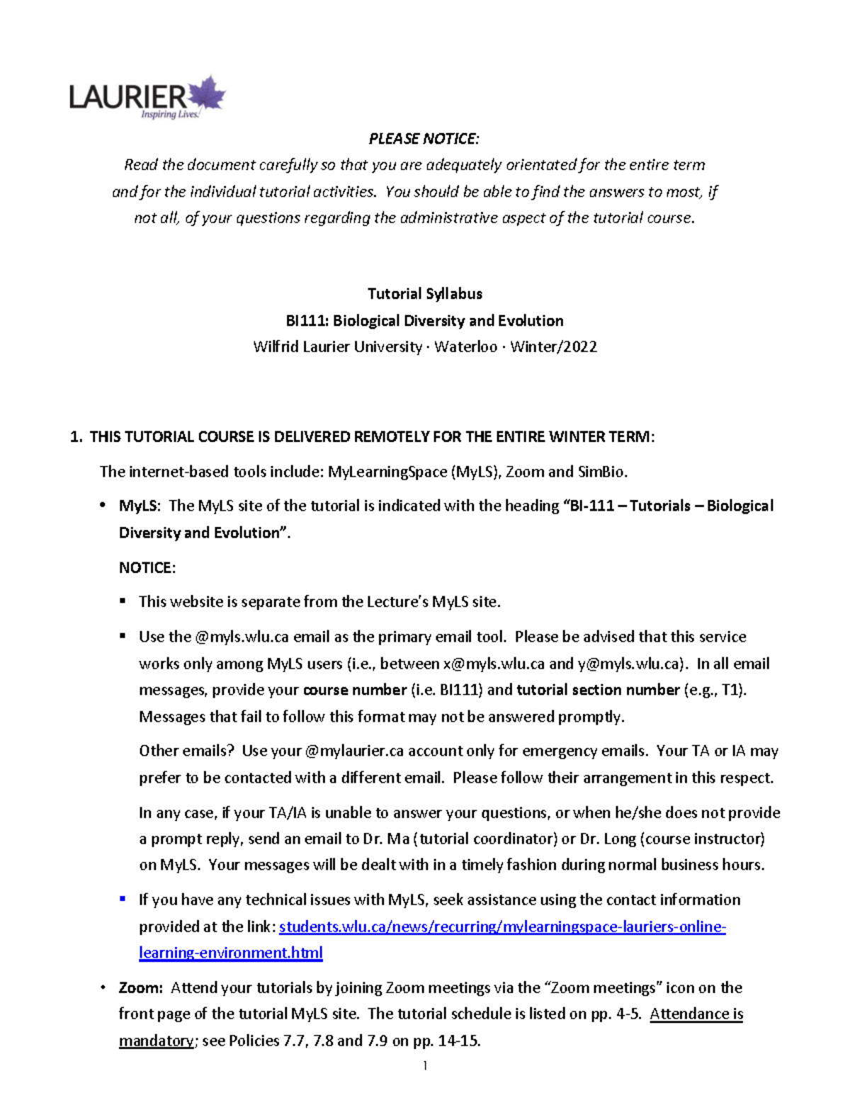 Bi111-2022Winter tutorial syllabus - PLEASE NOTICE: Read the document ...