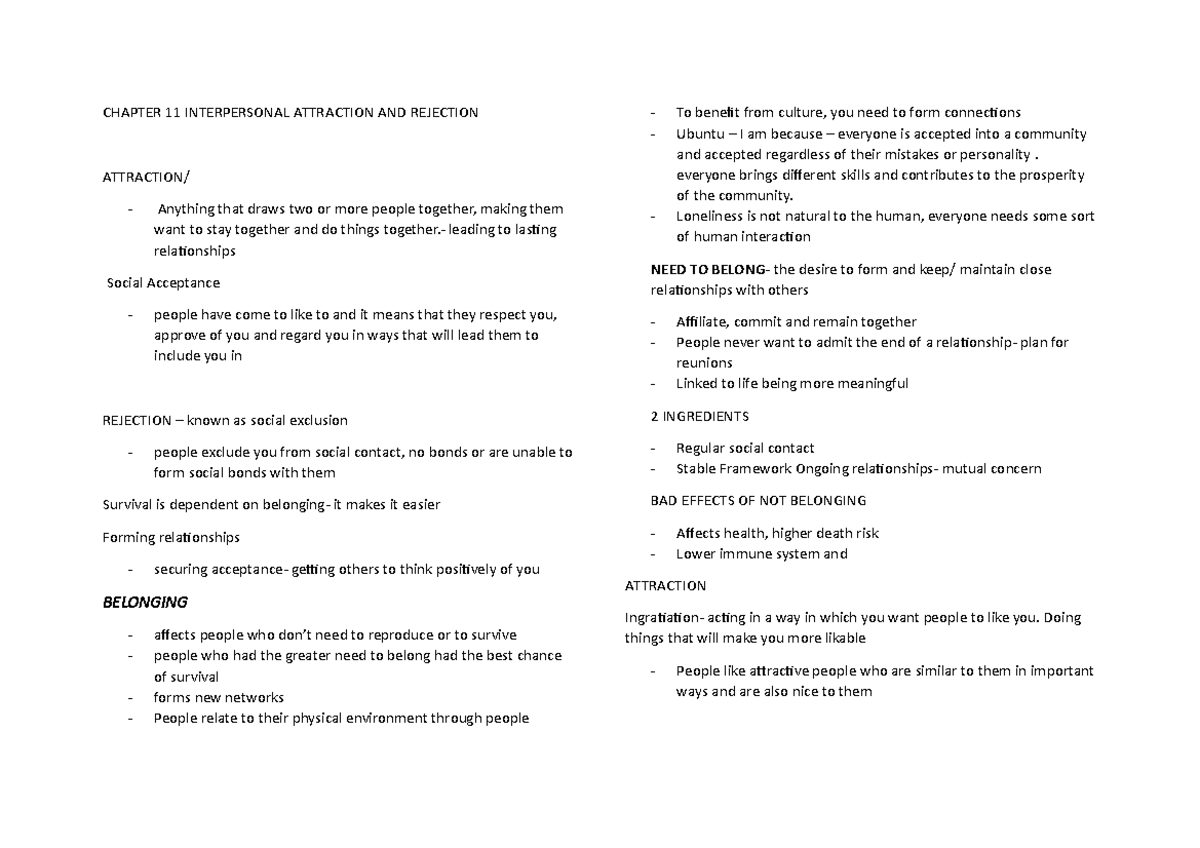 Chapter 11 Interpersonal Attraction AND Rejection - CHAPTER 11 ...