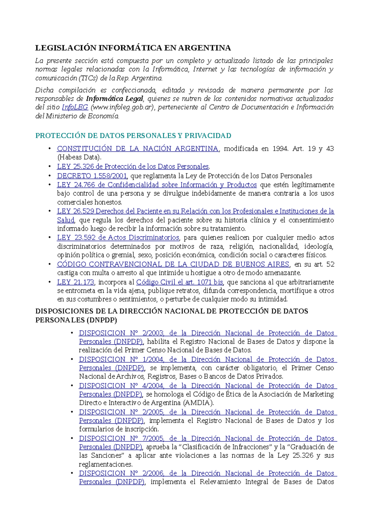 Leyes Aplicables - LEGISLACIÓN INFORMÁTICA EN ARGENTINA La presente ...