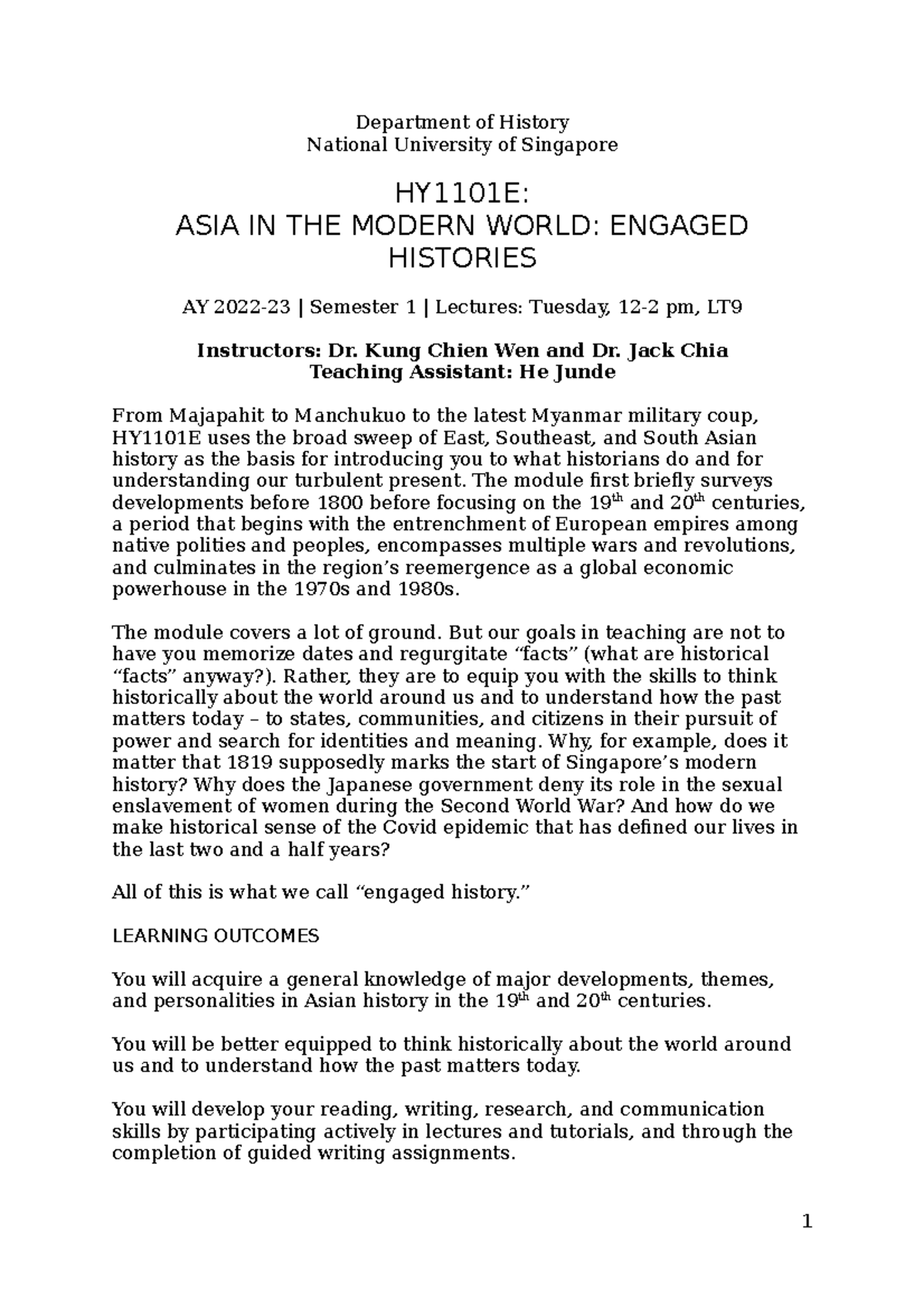 HY1101E syllabus S1 2022-23 - Department of History National University ...