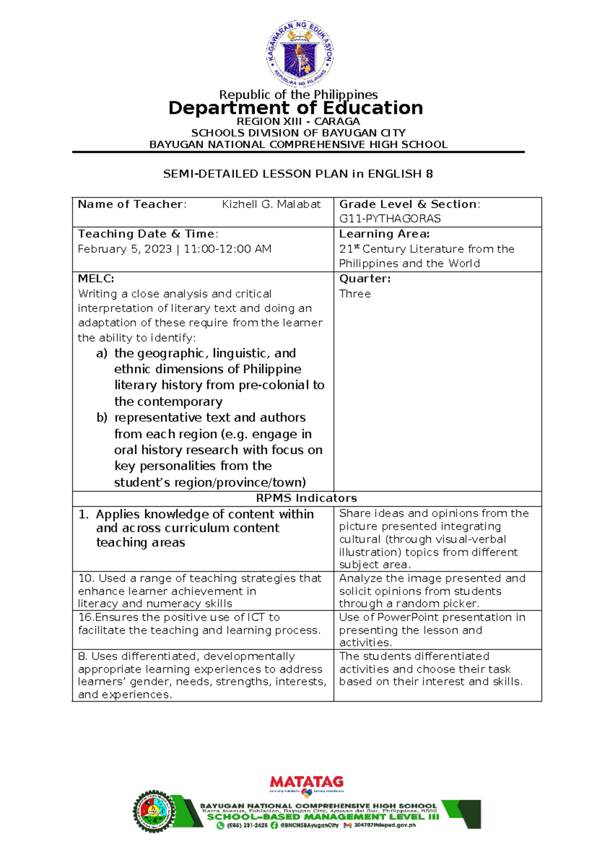 DLP-1 G11 - Senior High School - Department of Education REGION XIII ...
