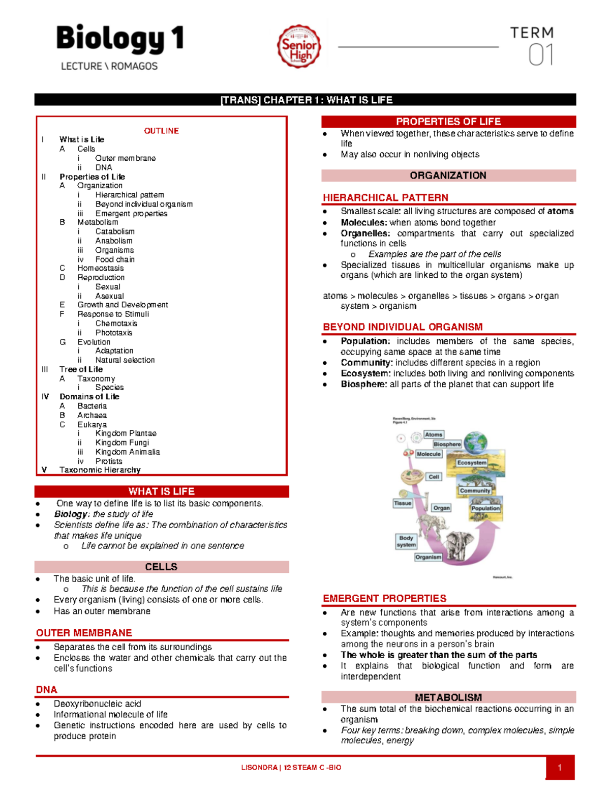 [Trans] What is Life - [TRANS] CHAPTER 1: WHAT IS LIFE OUTLINE I What ...
