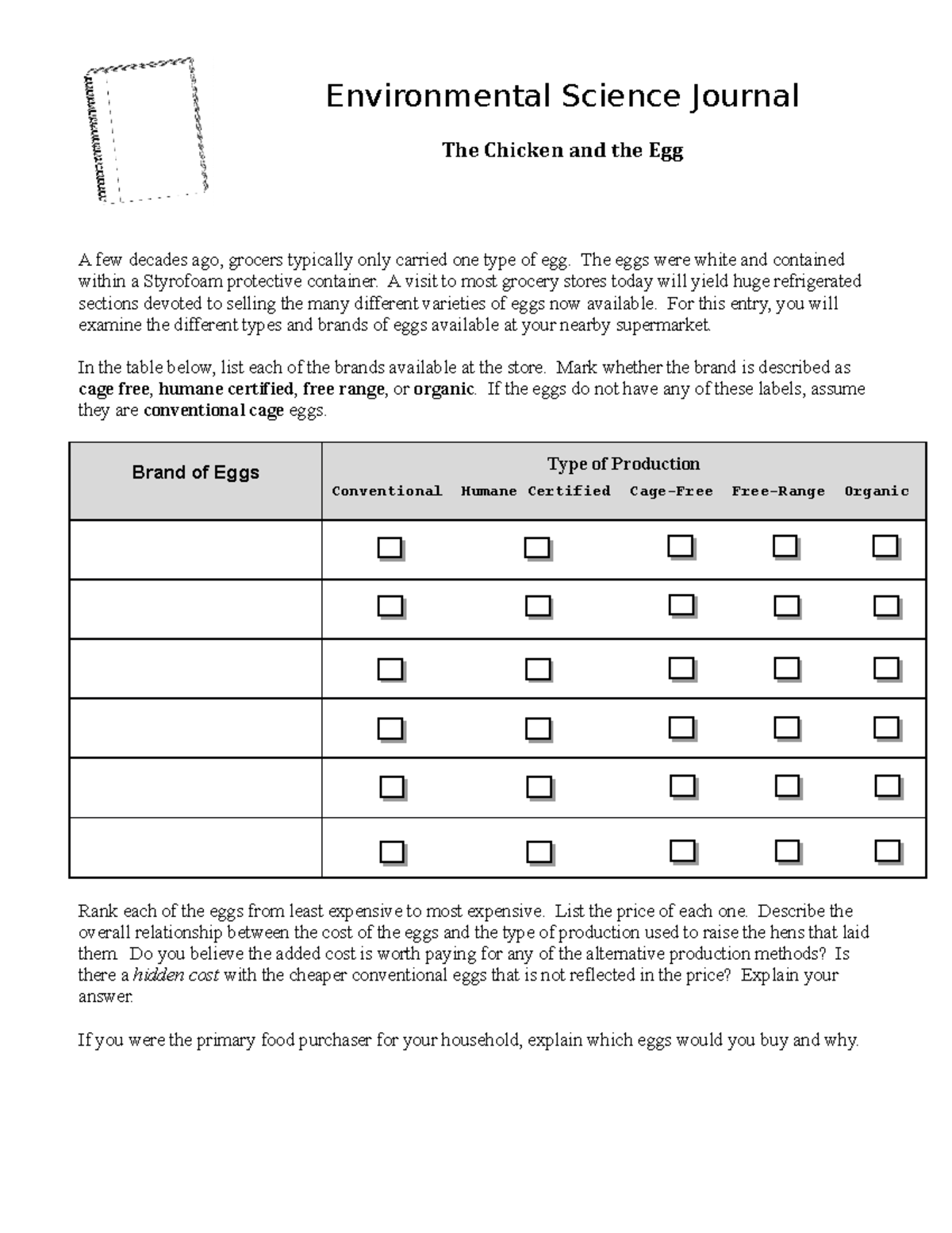 Journal Entry - The Chicken and the Egg - Environmental Science Journal ...