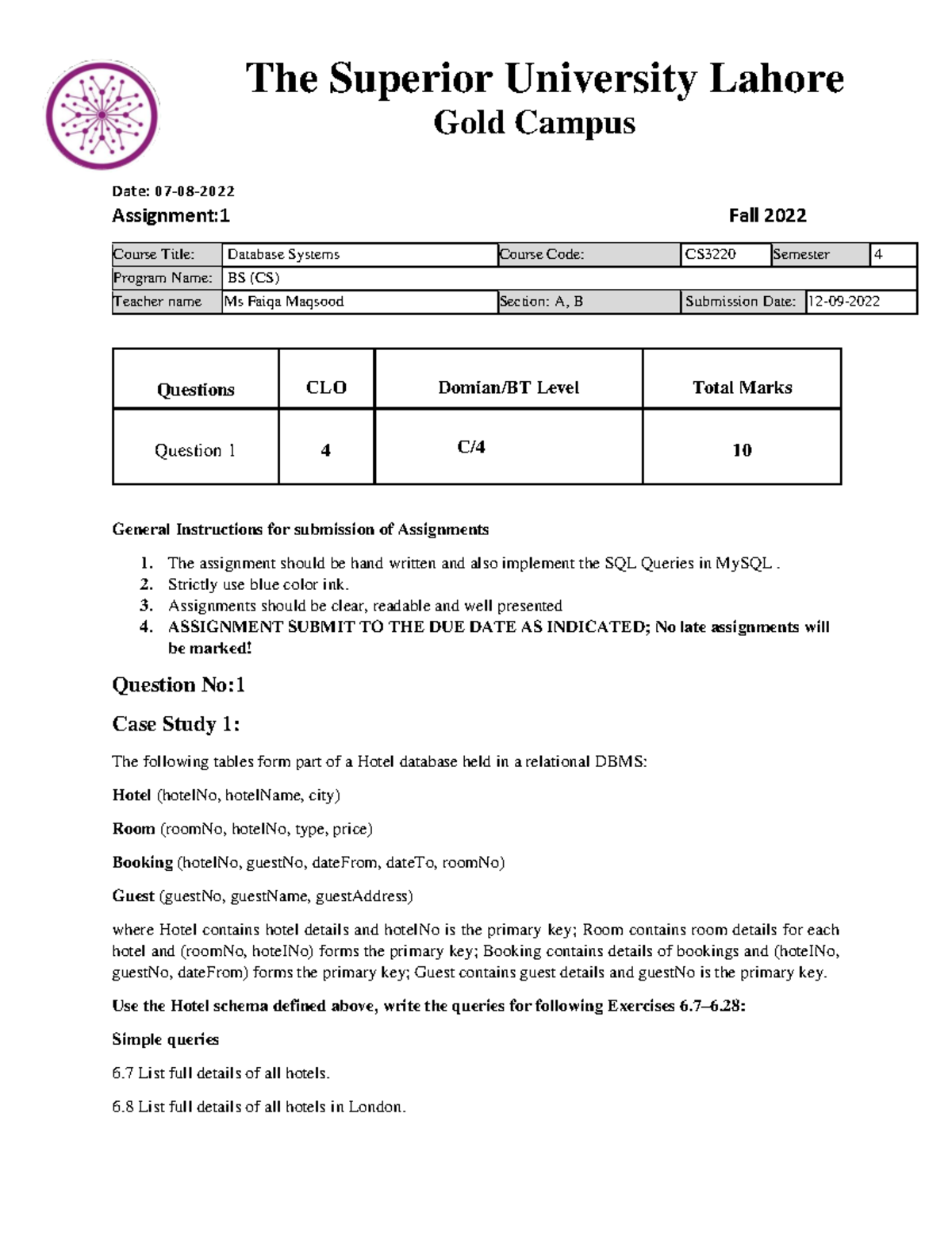 BSCS-F22-DB-4AB-Assignment 1 - Date: 07-08- Assignment:1 Fall 2022 Course Title: Database ...