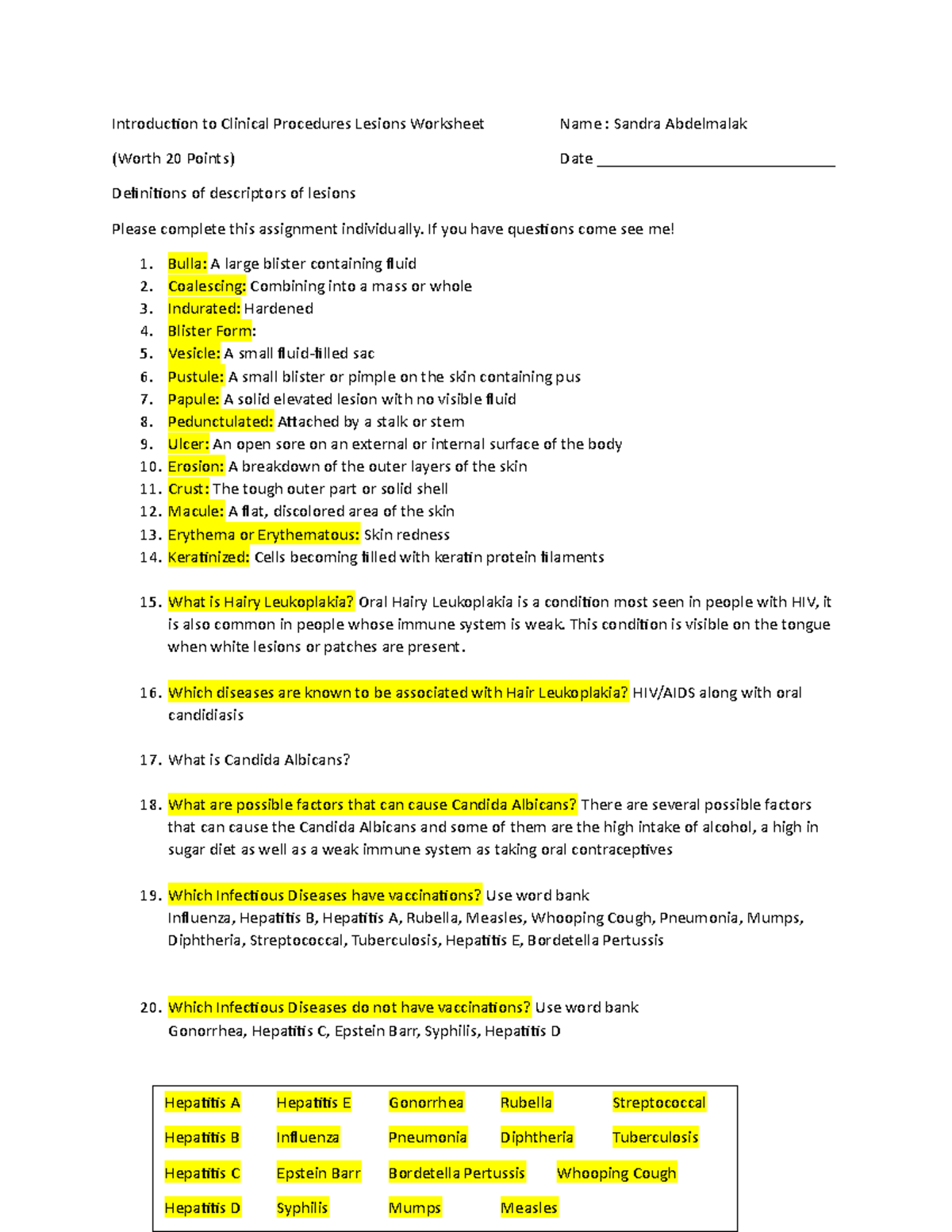 Lesions Worksheet-1 - If you have questions come see me! Bulla: A large ...