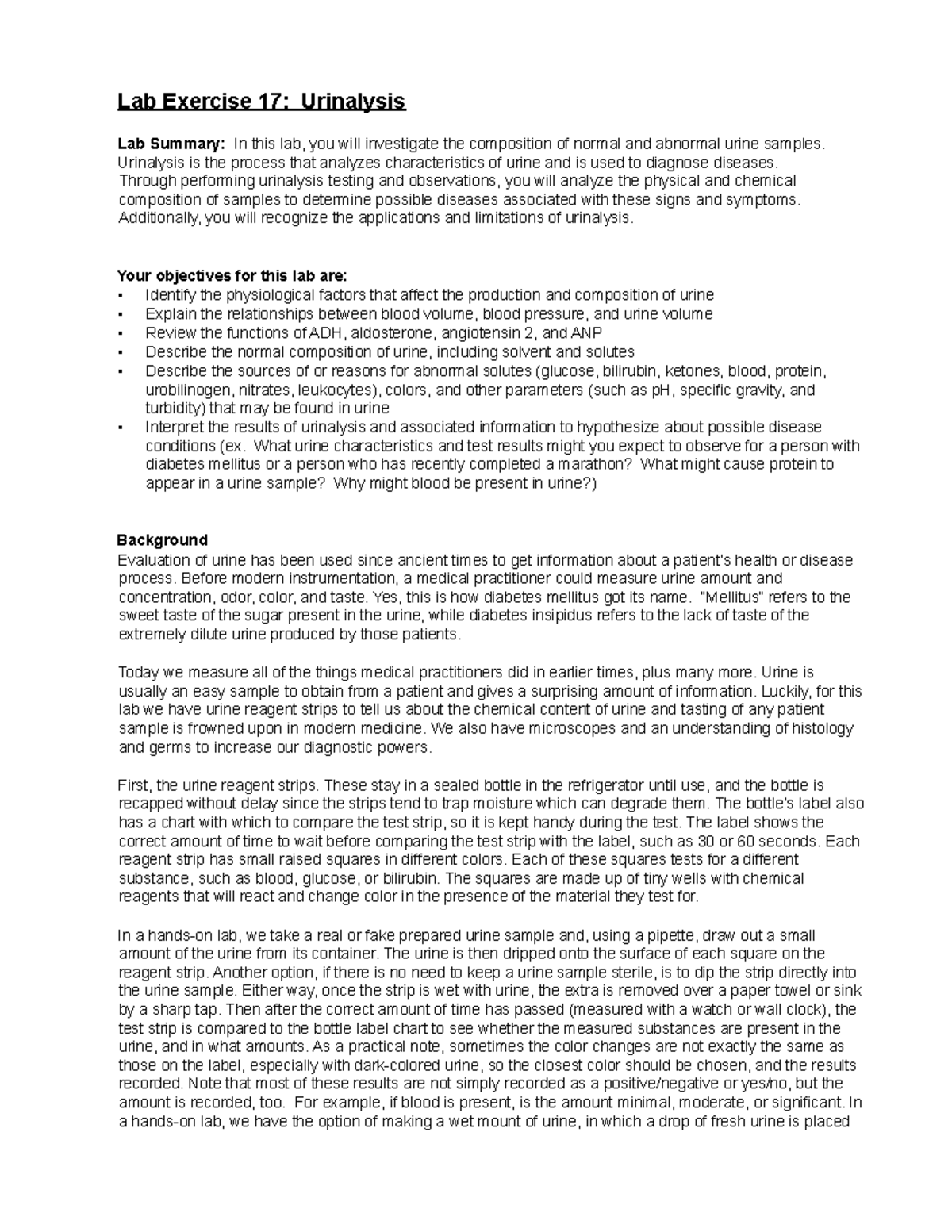 Lab 17-Urinalysis YAe Tr SO - Lab Exercise 17: Urinalysis Lab Summary ...