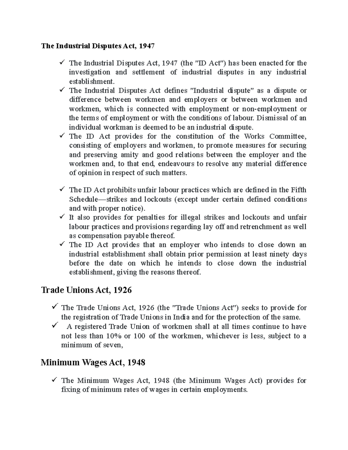 Labour laws - Minimum Wage Act, Industrial dispute Settlement Act ...