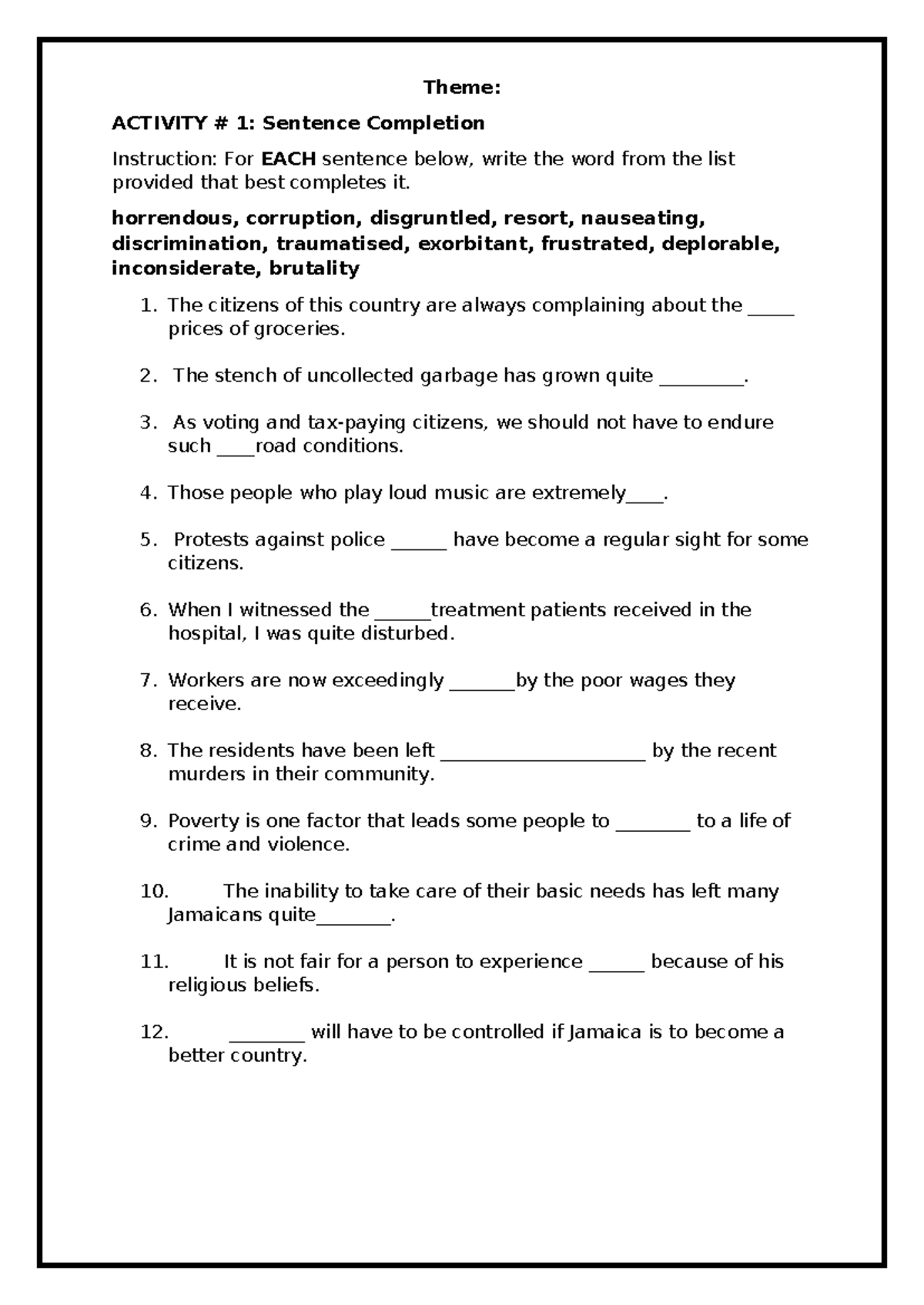Sentence Completion Grade 10 Activity - Theme: ACTIVITY # 1: Sentence ...