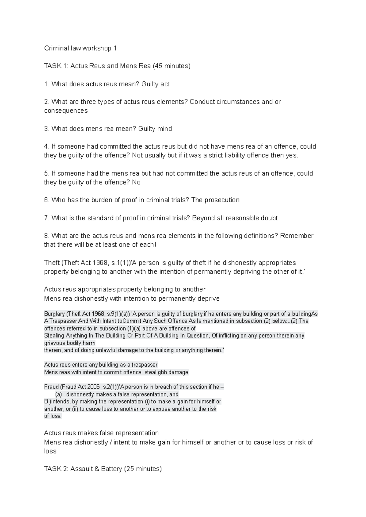 Criminal workshops - Tutorial summaries - Criminal law workshop 1 TASK ...
