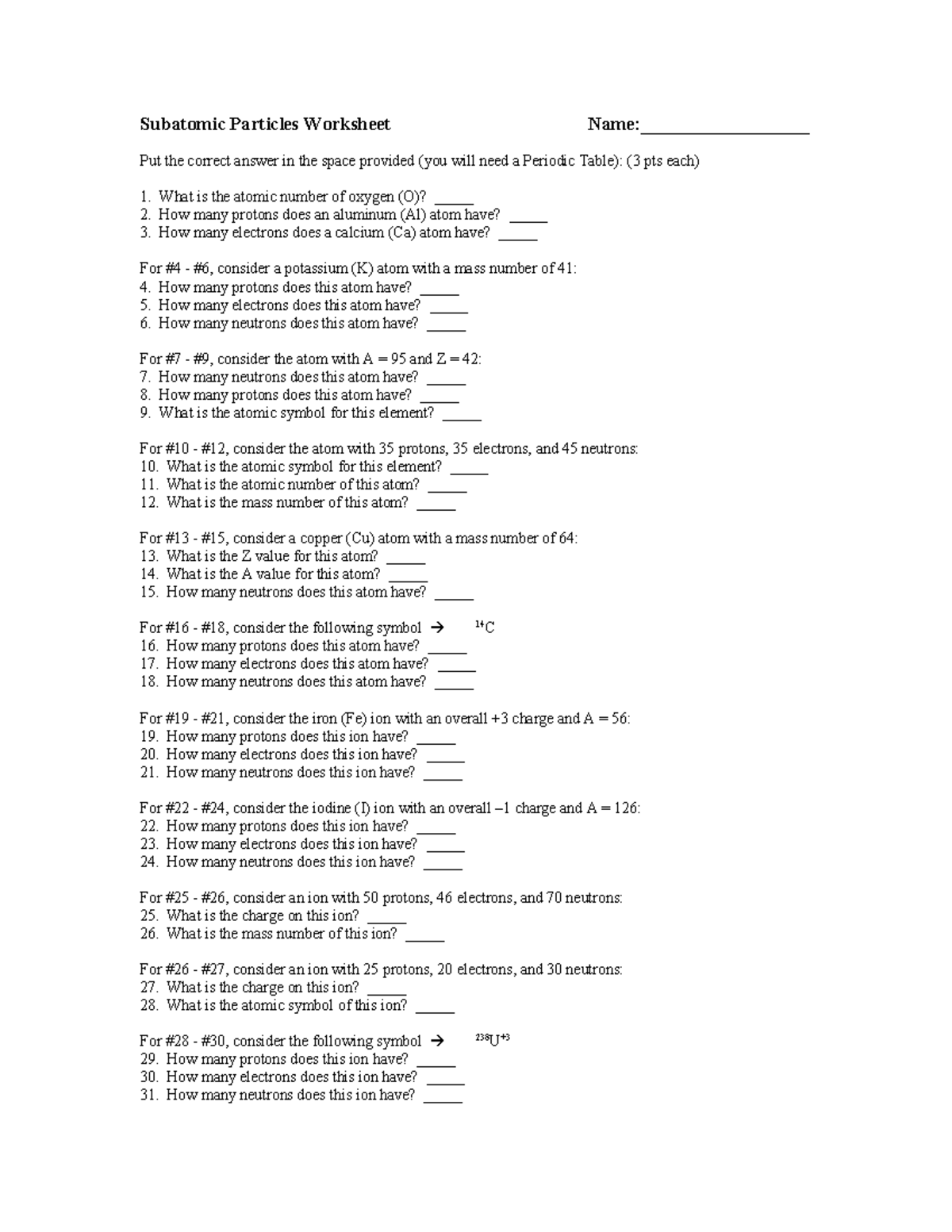 Subatomic Particles Worksheet - What is the atomic number of oxygen (O ...