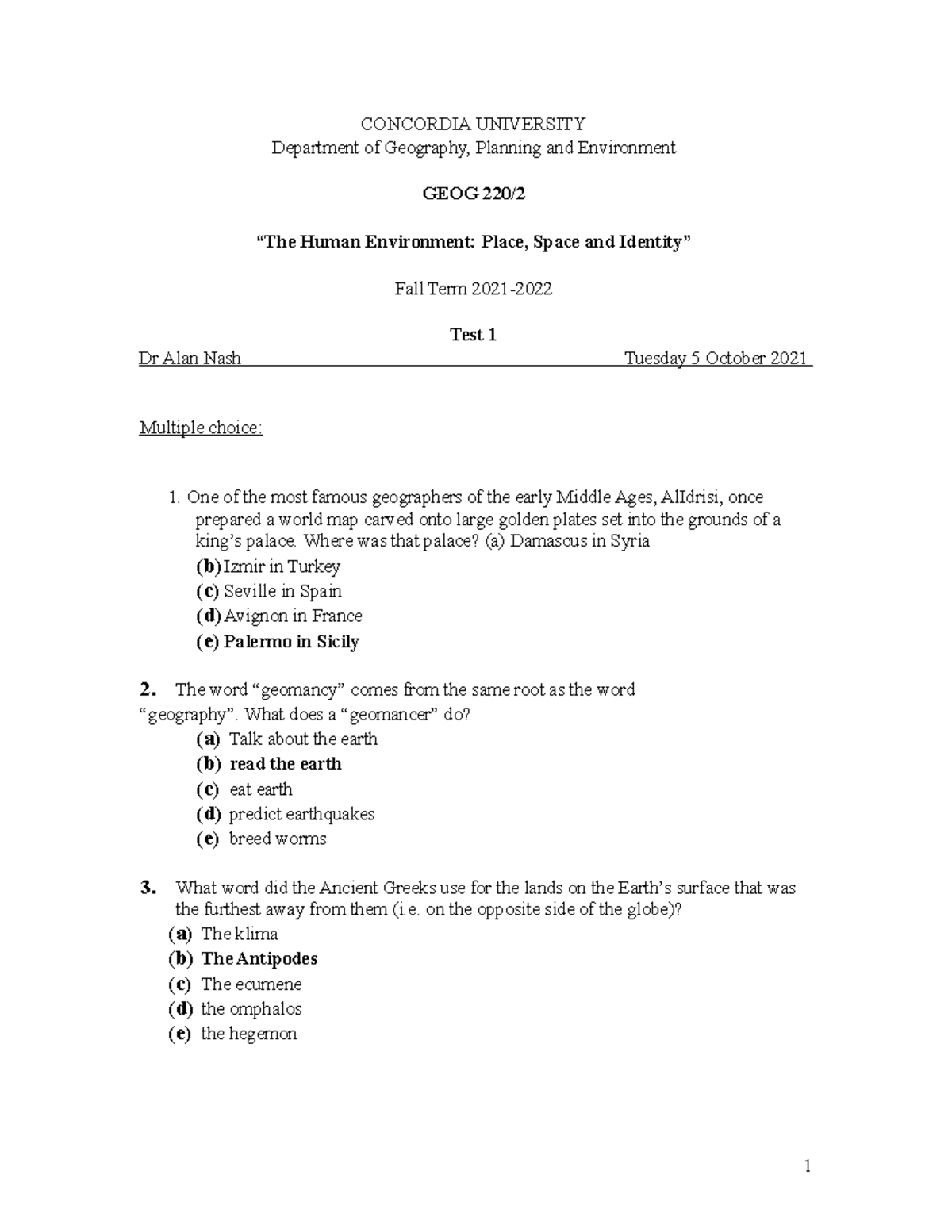 GEOG 220 FALL 2021 Test 1 Questions - GEOG 220 - Concordia - Studocu