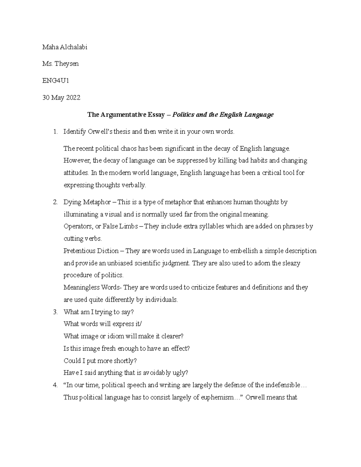 The Argumentative and Descriptive Essay - Maha Alchalabi Ms. Theysen ...