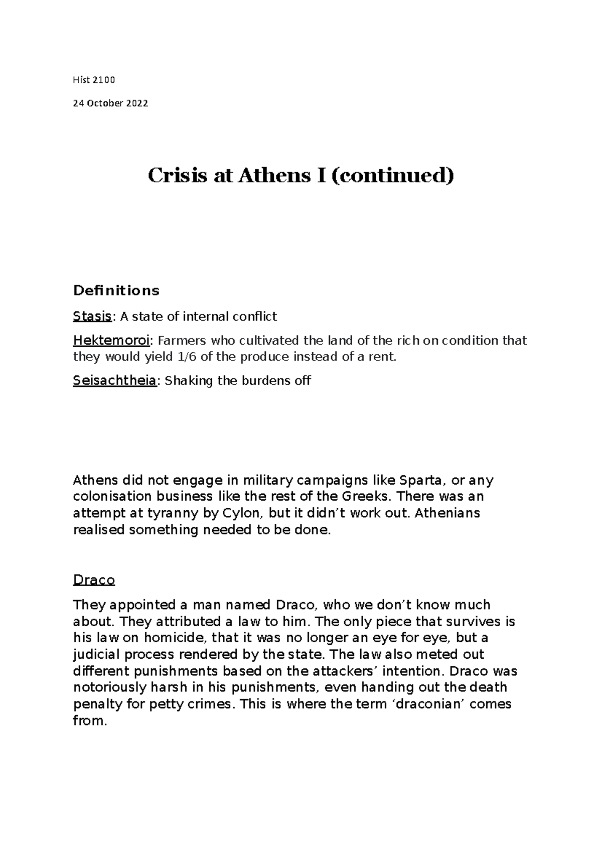 Lecture notes on Crisis at Athens 1 (continued) - Hist 2100 24 October ...