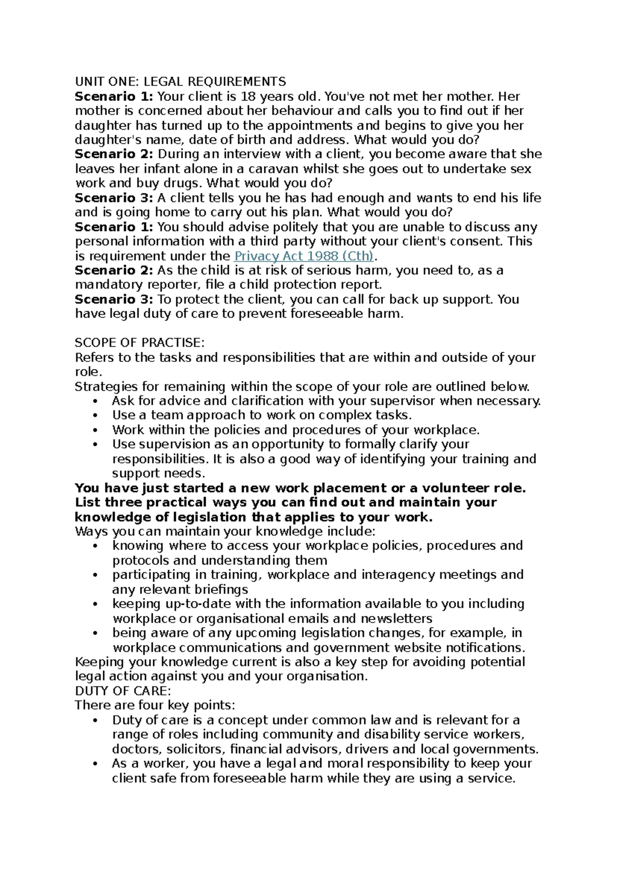 UNIT ONE - ... - UNIT ONE: LEGAL REQUIREMENTS Scenario 1: Your client ...