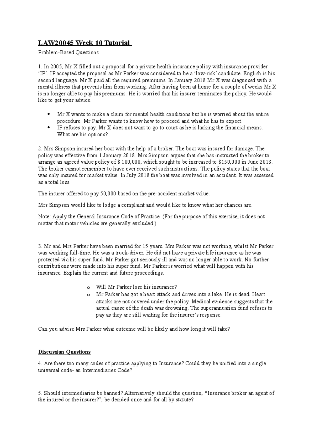LAW2004 5 Week 10 Tutorial - LAW20045 Week 10 Tutorial Problem-Based ...