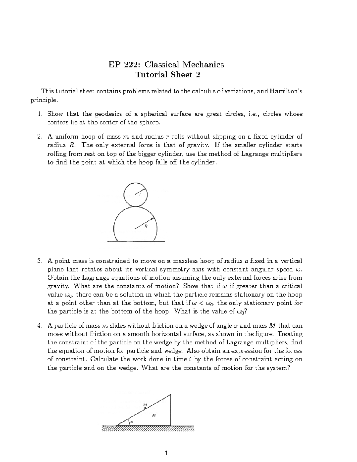 Cm ts 2 - Tutorial sheet shared by professor - EP 222: Classical Mechanics Tutorial Sheet 2 This ...