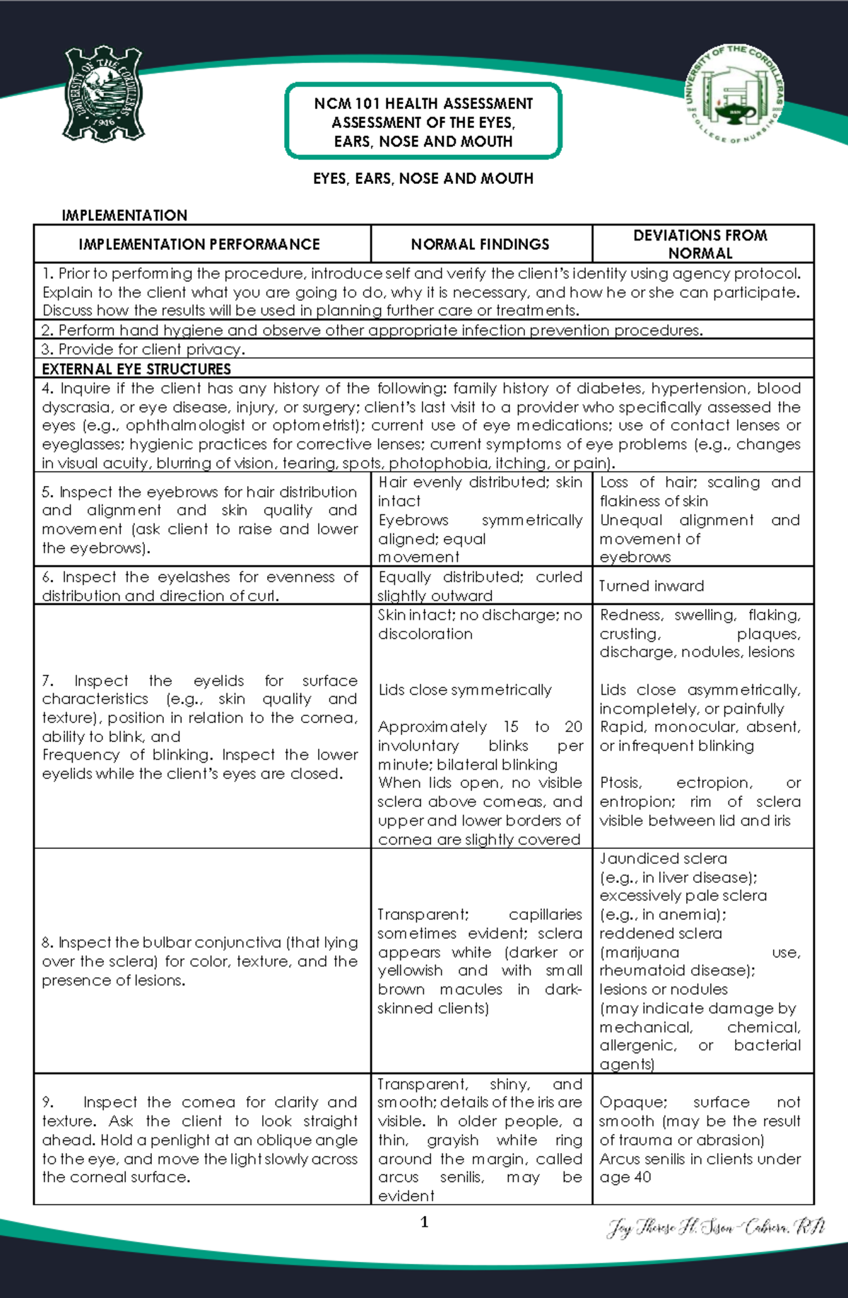 Health Assessment - EENT Handout - NCM 101 HEALTH ASSESSMENT ASSESSMENT ...