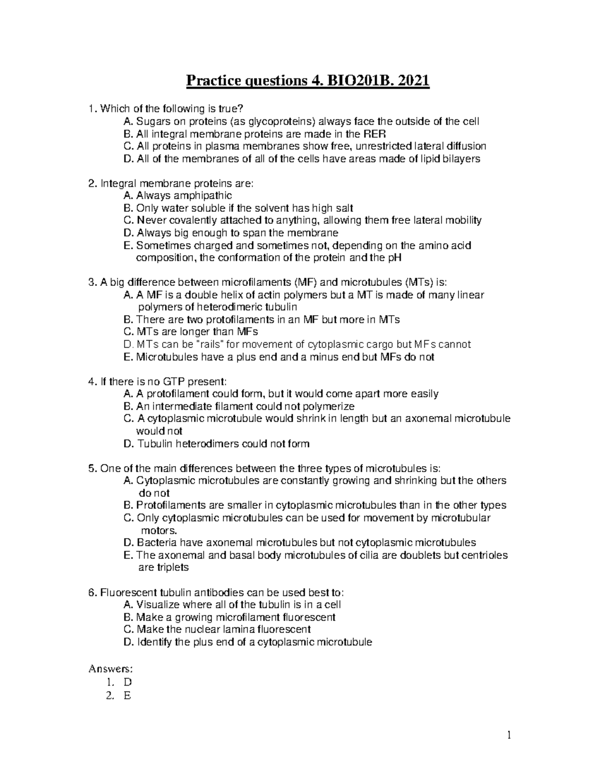 Cell biology quiz 4 - Quiz 4 with answer key - 1 Practice questions 4 ...