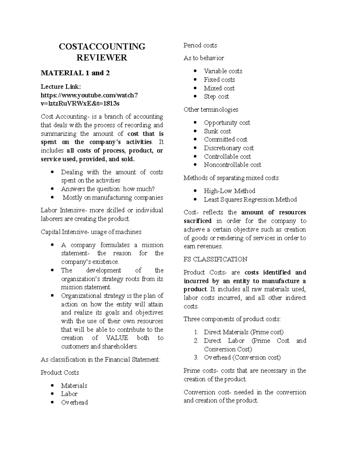COST Accounting Reviewer - Accountancy - FEU - Studocu