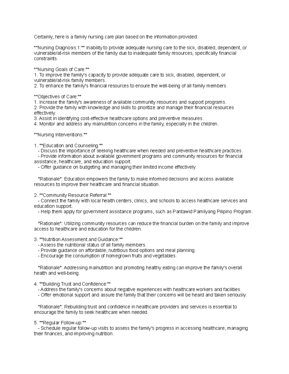 Scratch fncp - Certainly, here is a family nursing care plan based on ...