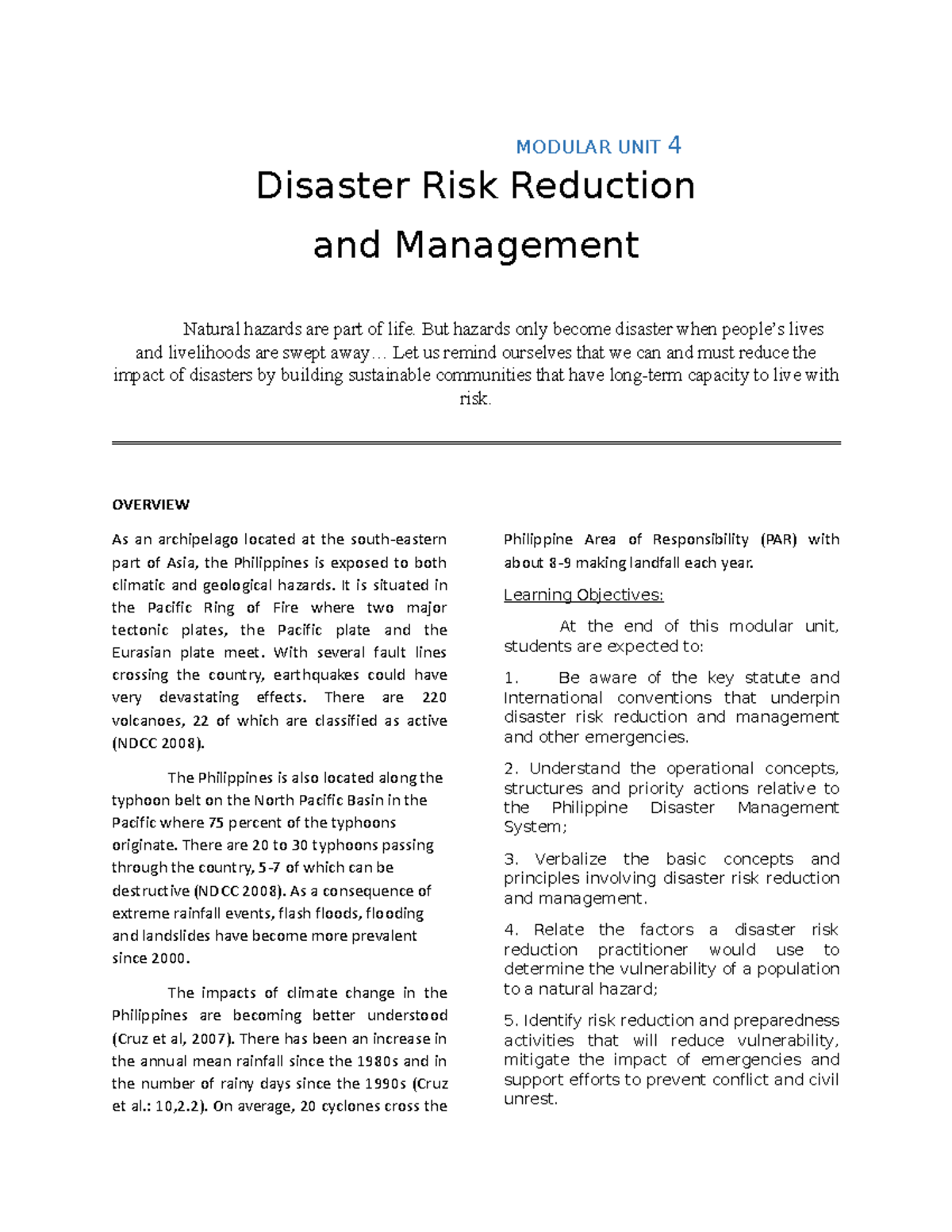 Module-4 - This js - MODULAR UNIT 4 Disaster Risk Reduction and Management Natural hazards are ...