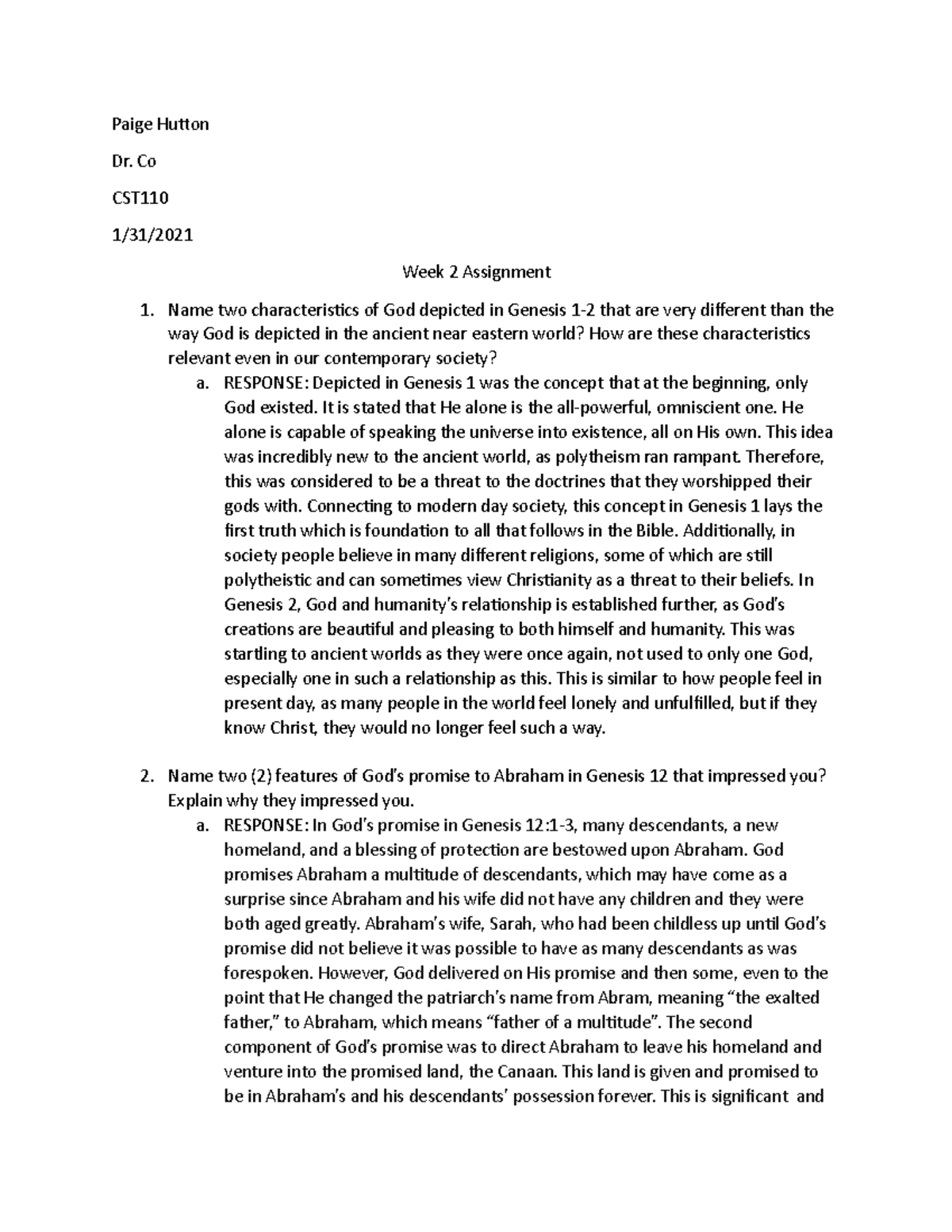 CST110 Week 2 Assignment - Paige Hutton Dr. Co CST 1/31/ Week 2 ...