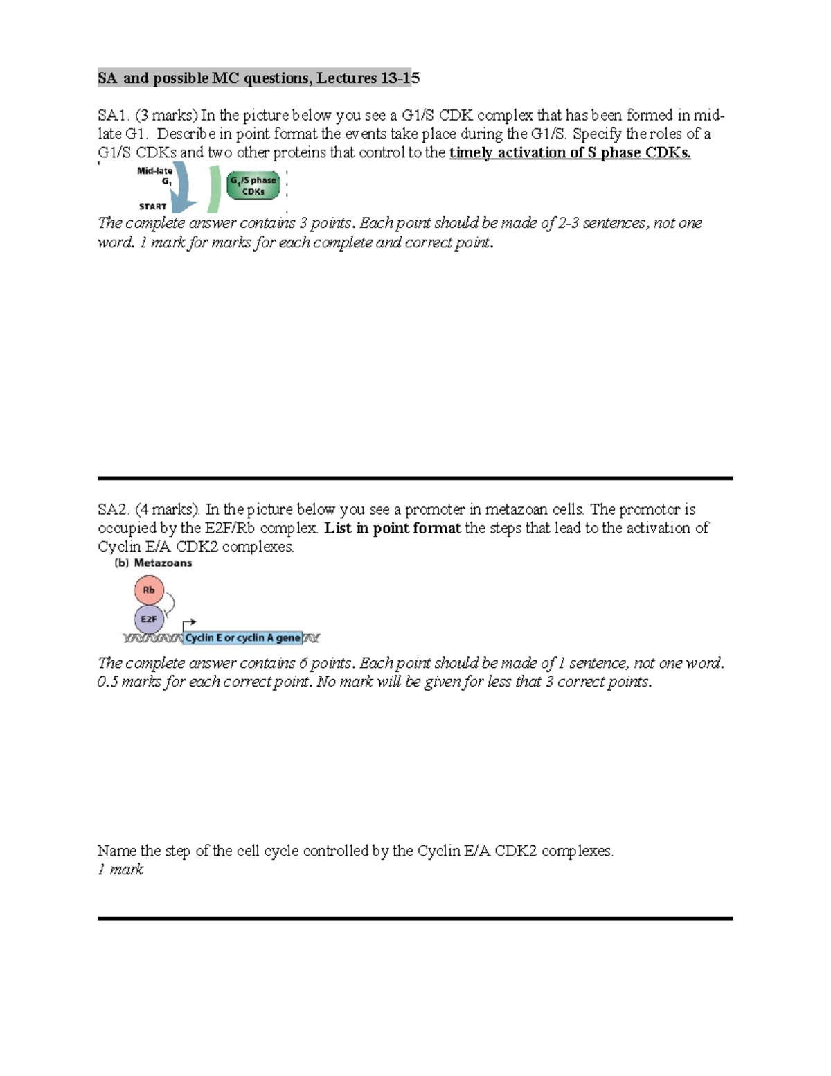 SA questions on lectures 13-15 MCB2050 - SA and possible MC questions ...