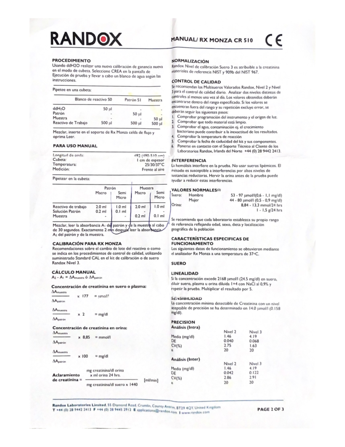 Randox Creatinina - Bioquimica - Studocu
