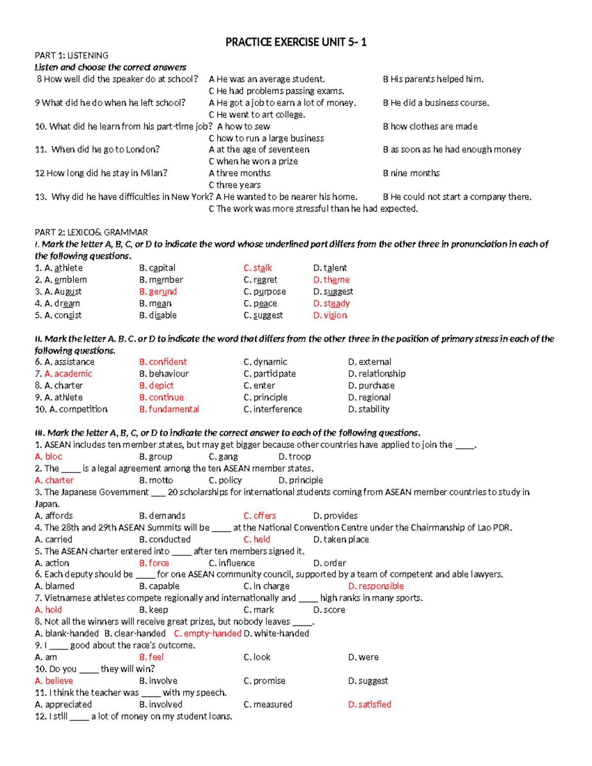 Practice Exercise UNIT 5 1 11 - PRACTICE EXERCISE UNIT 5- 1 PART 1 ...