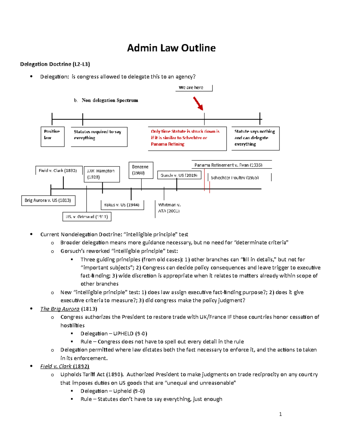 My Final Admin Law Outline-1 - Admin Law Outline Delegation Doctrine (L2-L3) Delegation: is ...