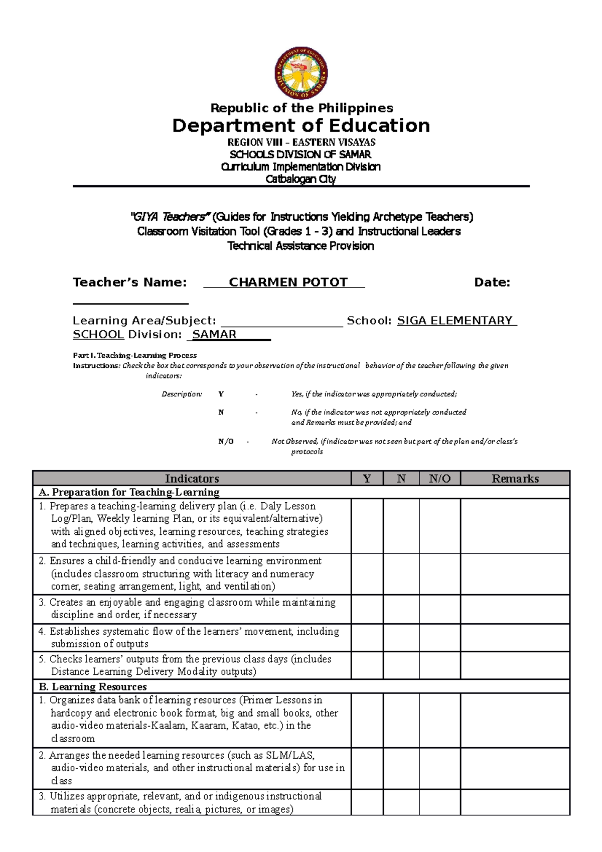 GIYA TOOL G1 3 - INFORMATIVE - Republic of the Philippines Department ...