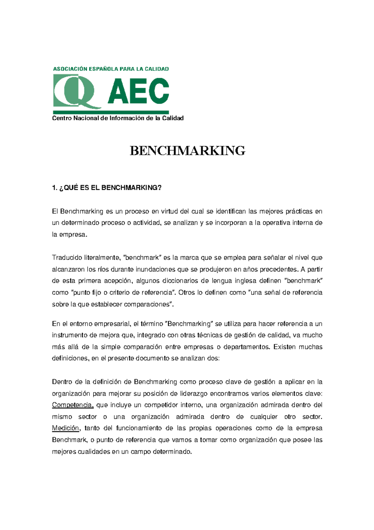 Informe técnico sobre Benchmarking. 2013 - Centro Nacional de ...