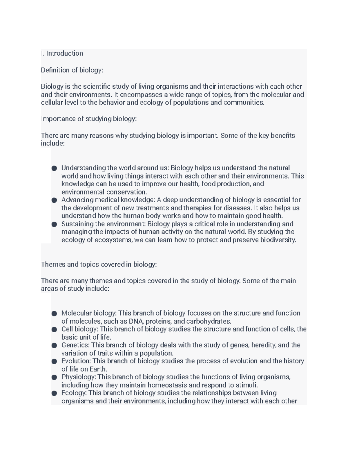 Biology 1+2 - I. Introduction Definition of biology: Biology is the ...