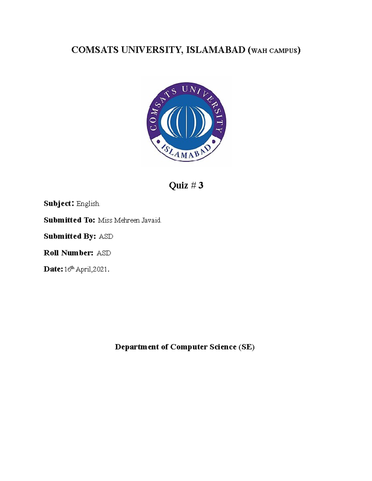 Quiz 3 Comsats University Islamabad Wah Campus Quiz 3 Subject English Submitted To