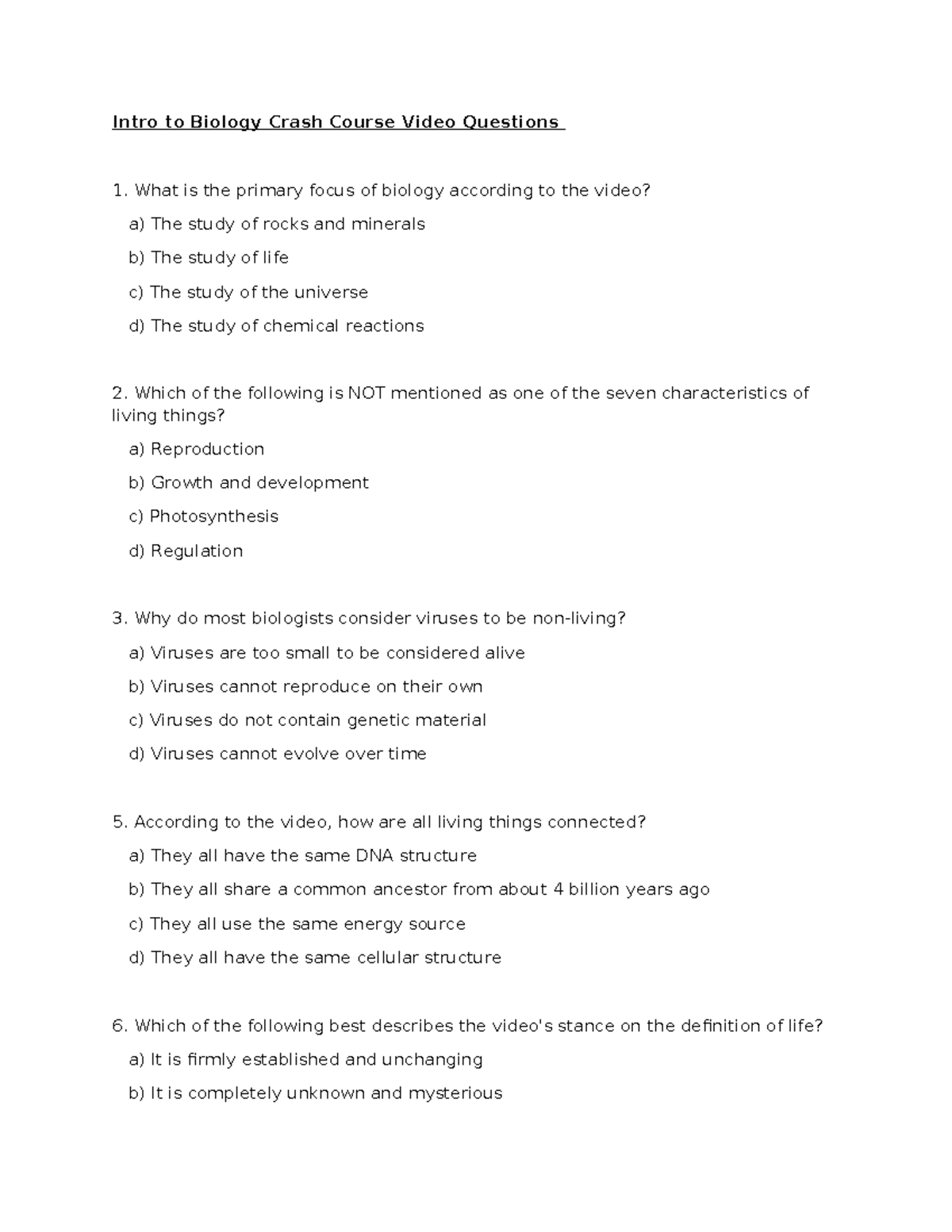 Intro to Biology Crash Course Video Questions - Studocu