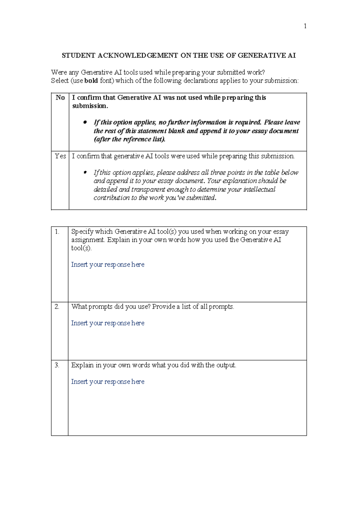Student acknowledgment on the use of Generative AI - 1 STUDENT ...
