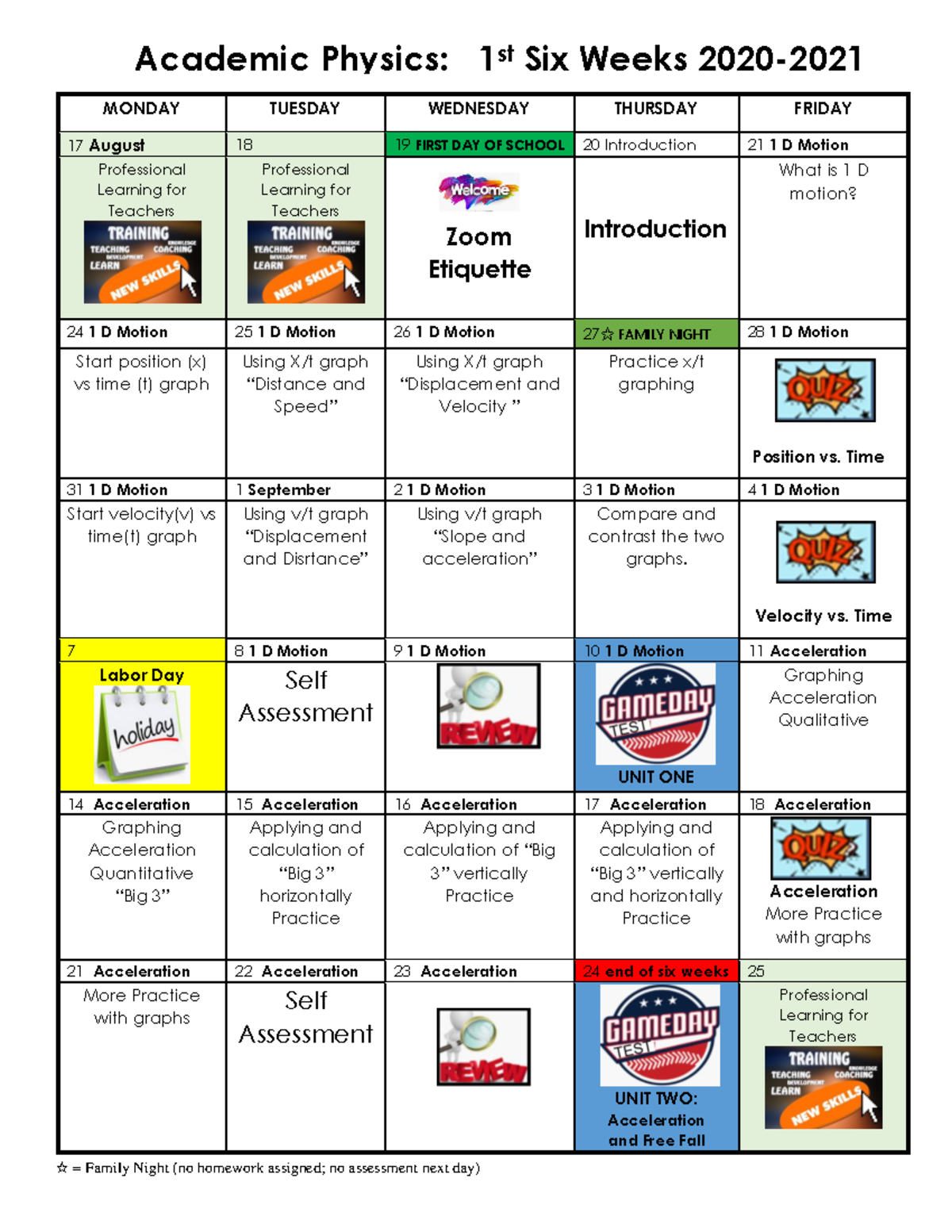 1 First Six Week Calendar Physics - ☆ = Family Night (no homework ...
